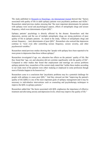 Study what affects quality of life in patients with epilepsy | PDF