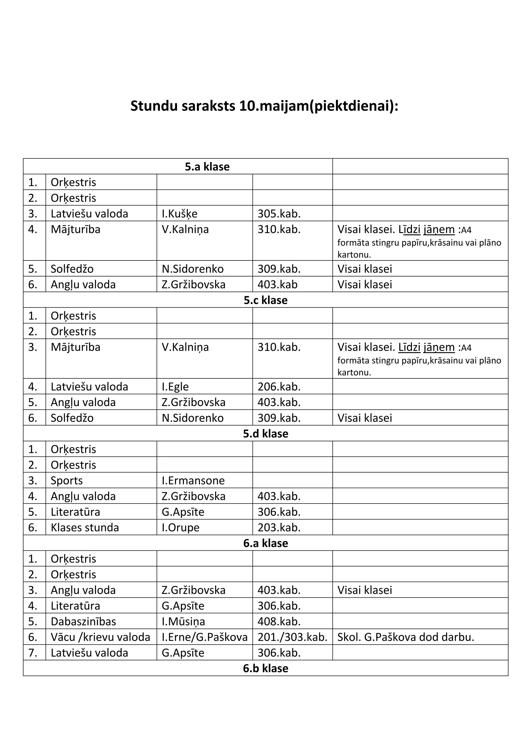 Stundu saraksts 10. maijam | PDF