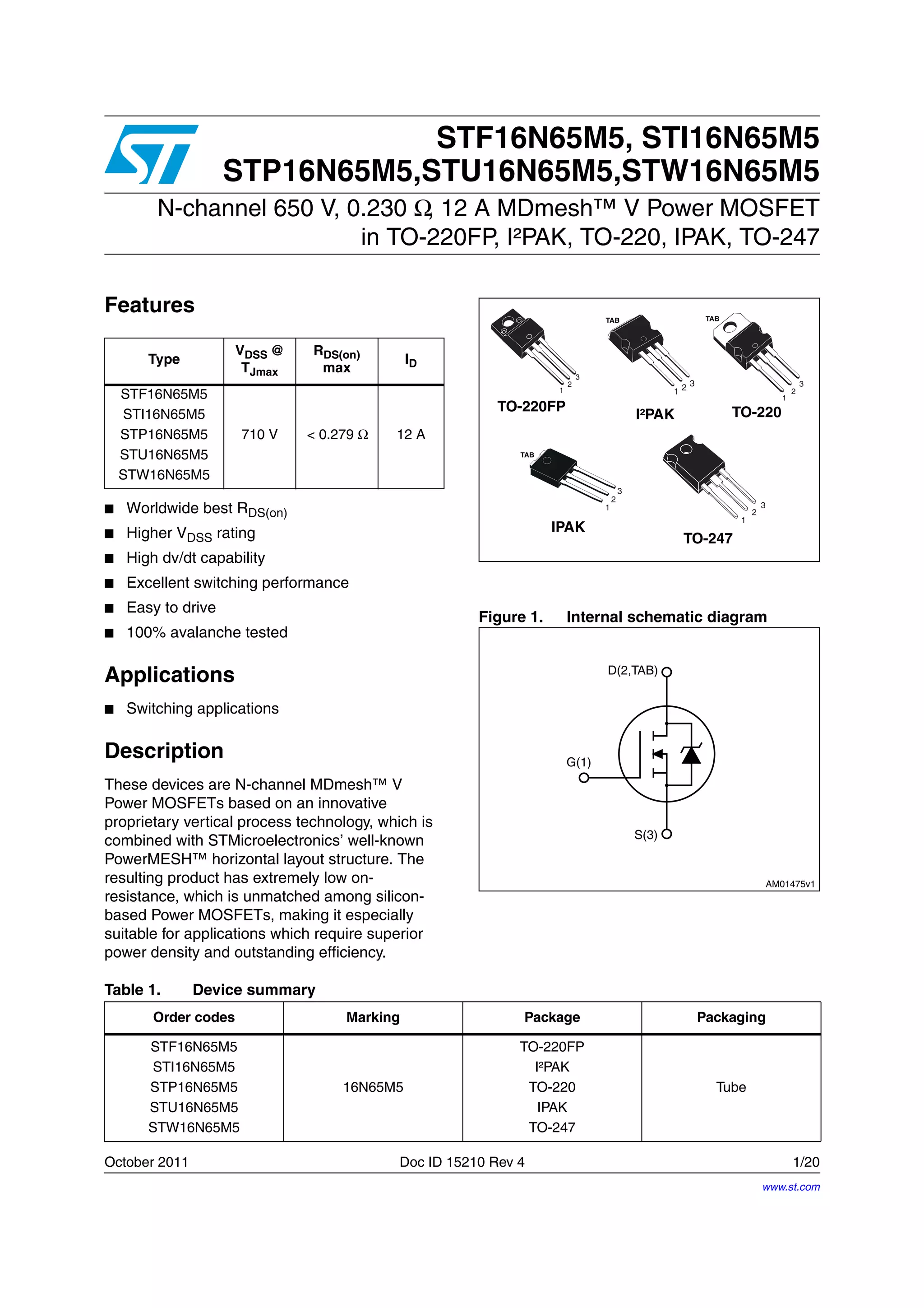 Original N-channel 650 V 0.230 Ohm 12 A MDmesh V Power MOSFET in DPAK DPAK STF16N65M5 16N65M5 ...