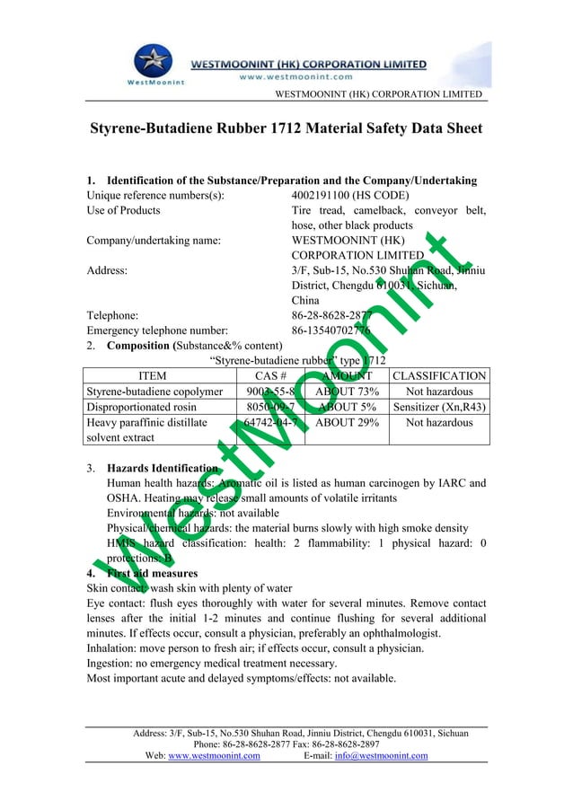 Styrene butadiene rubber 1712 material safety data sheet | PDF