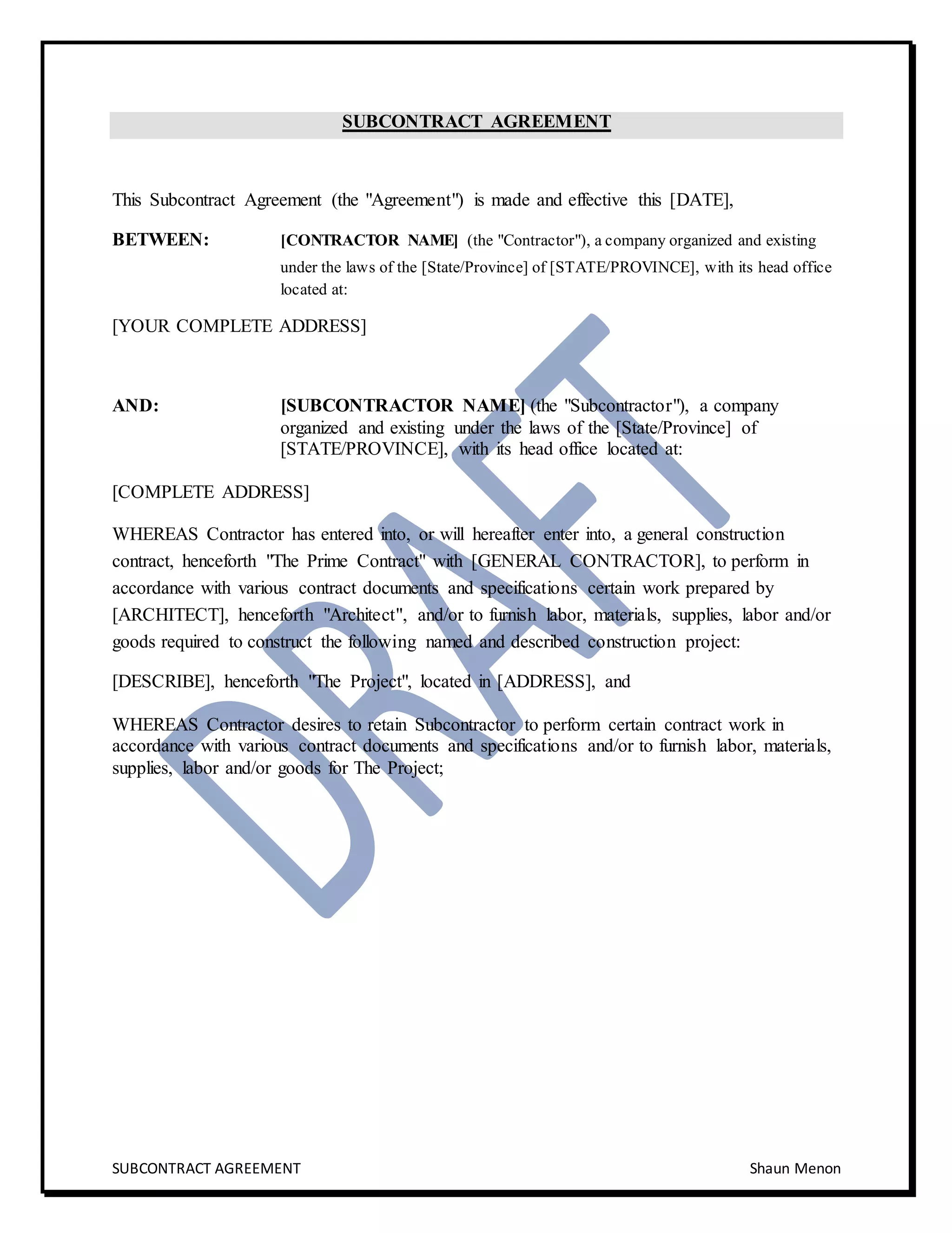 Sub contract agreement draft | DOCX