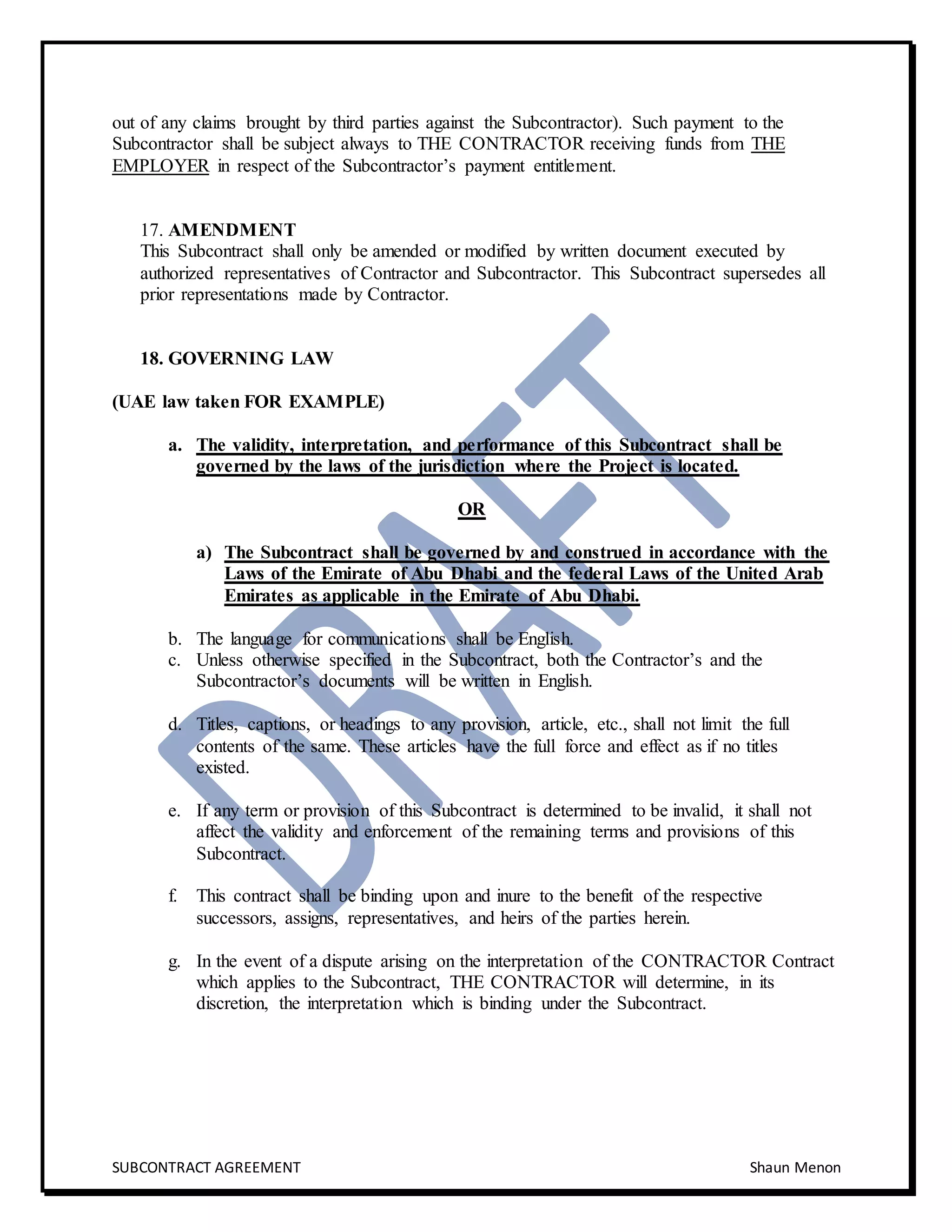 Sub contract agreement draft | DOCX
