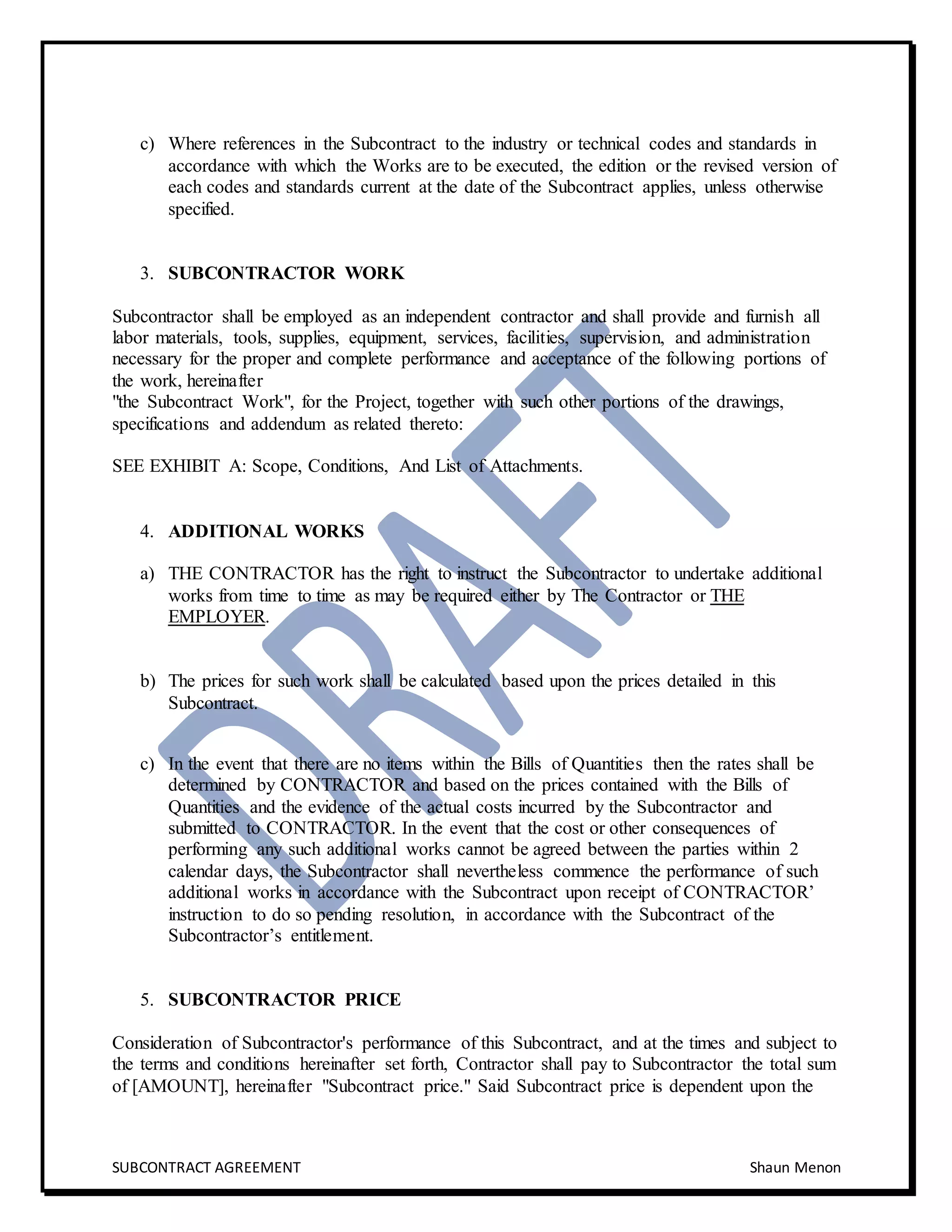 Sub contract agreement draft | DOCX