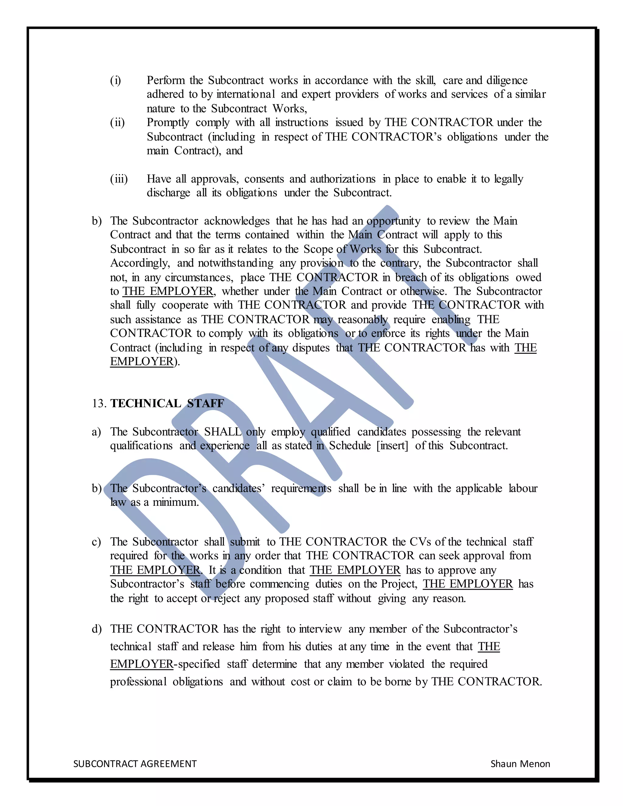 Sub contract agreement draft | DOCX