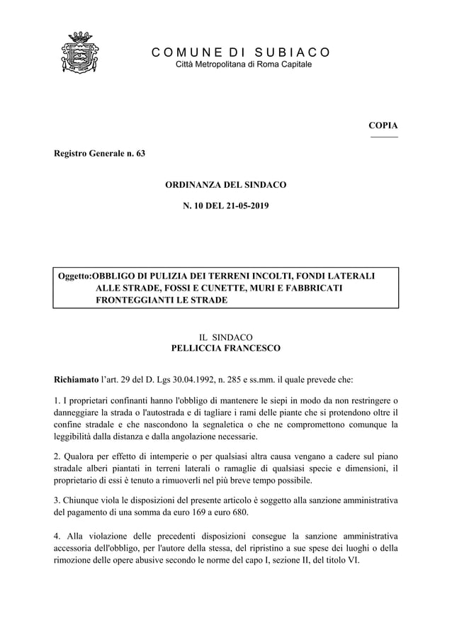 Subiaco - Obbligo di Pulizia dei Terreni Incolti, Fondi Laterali alle ...