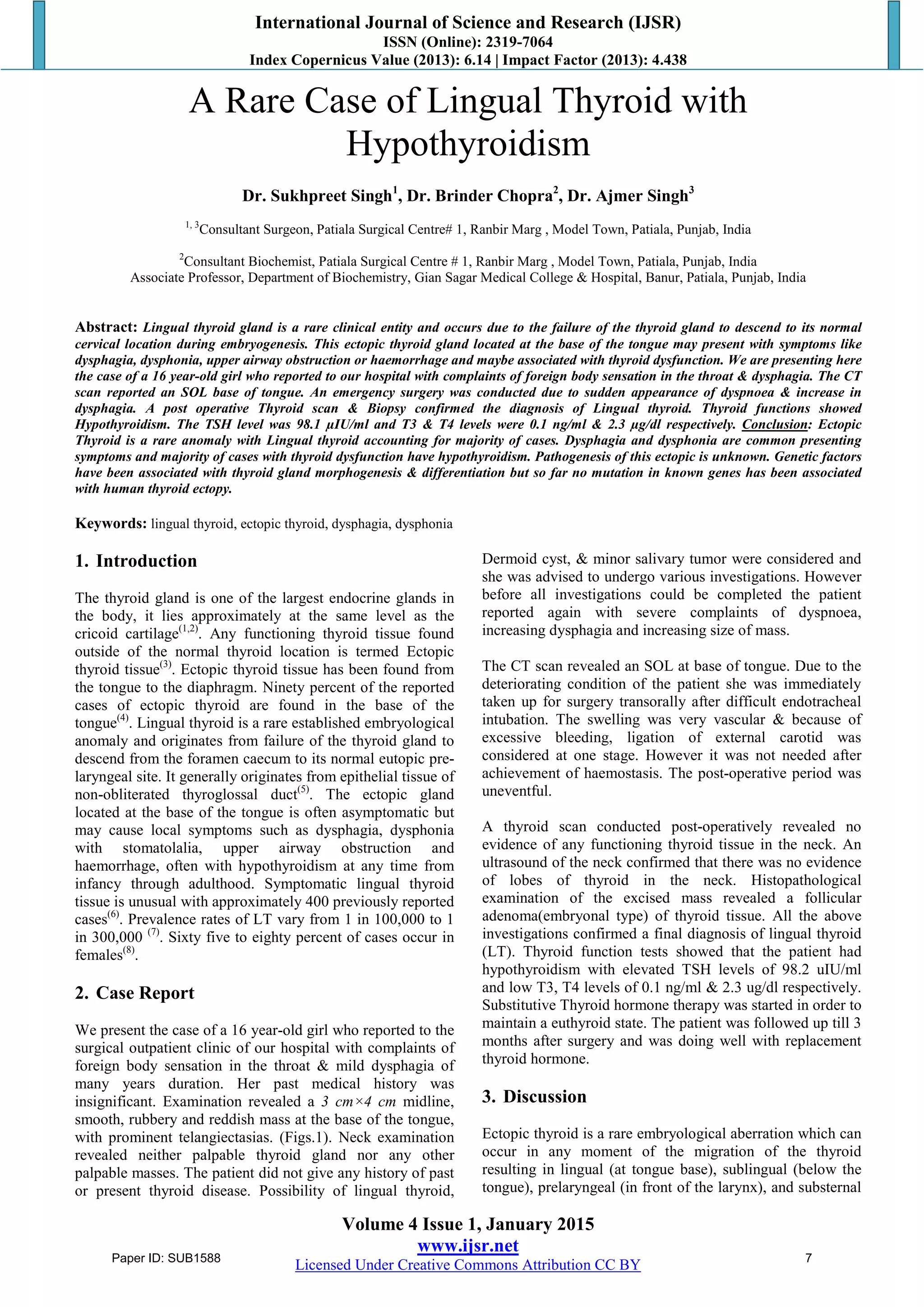 A Rare Case of Lingual Thyroid with Hypothyroidism | PDF