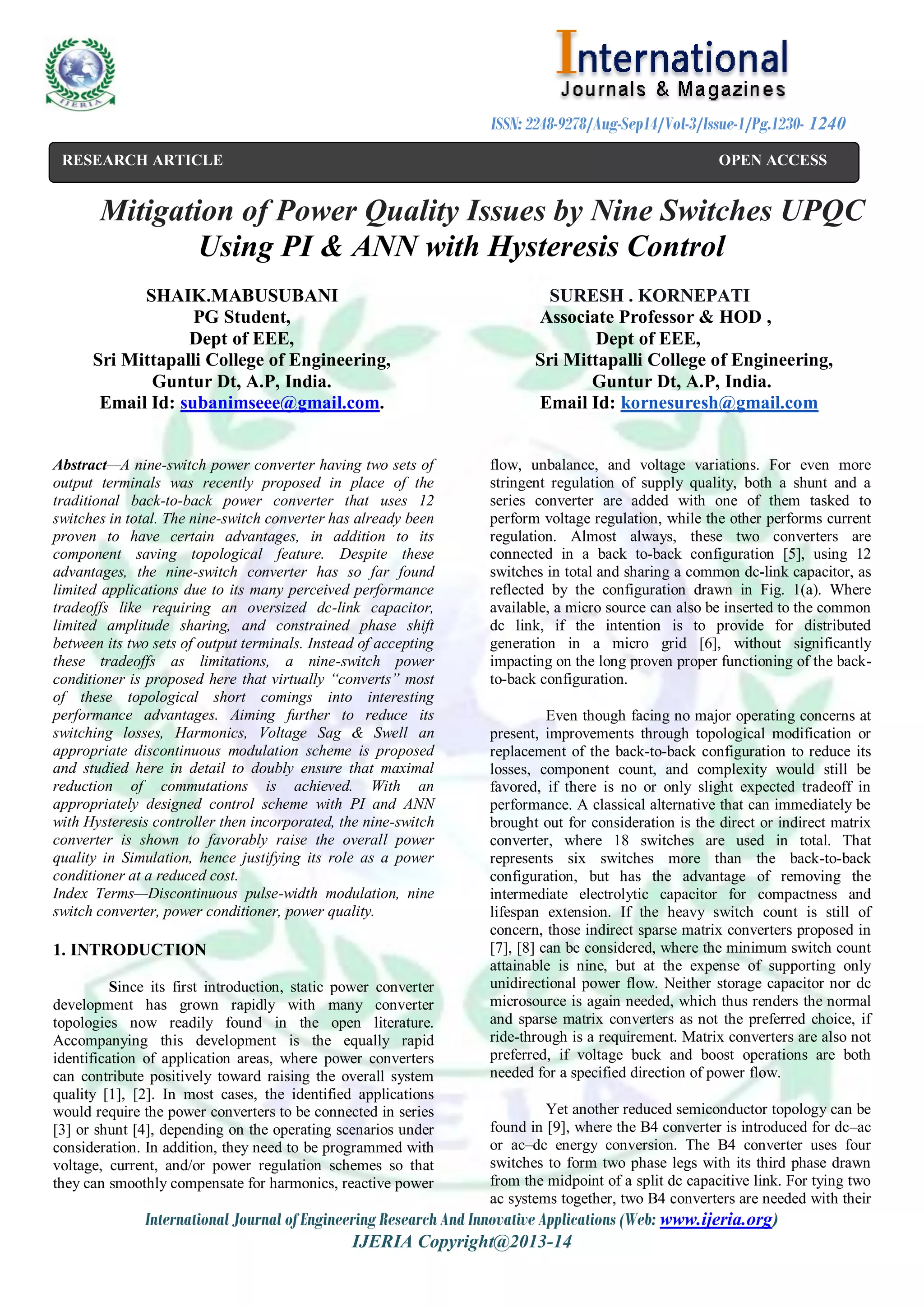 Mitigation of Power Quality Issues by Nine Switches UPQC Using PI & ANN with Hysteresis Control ...