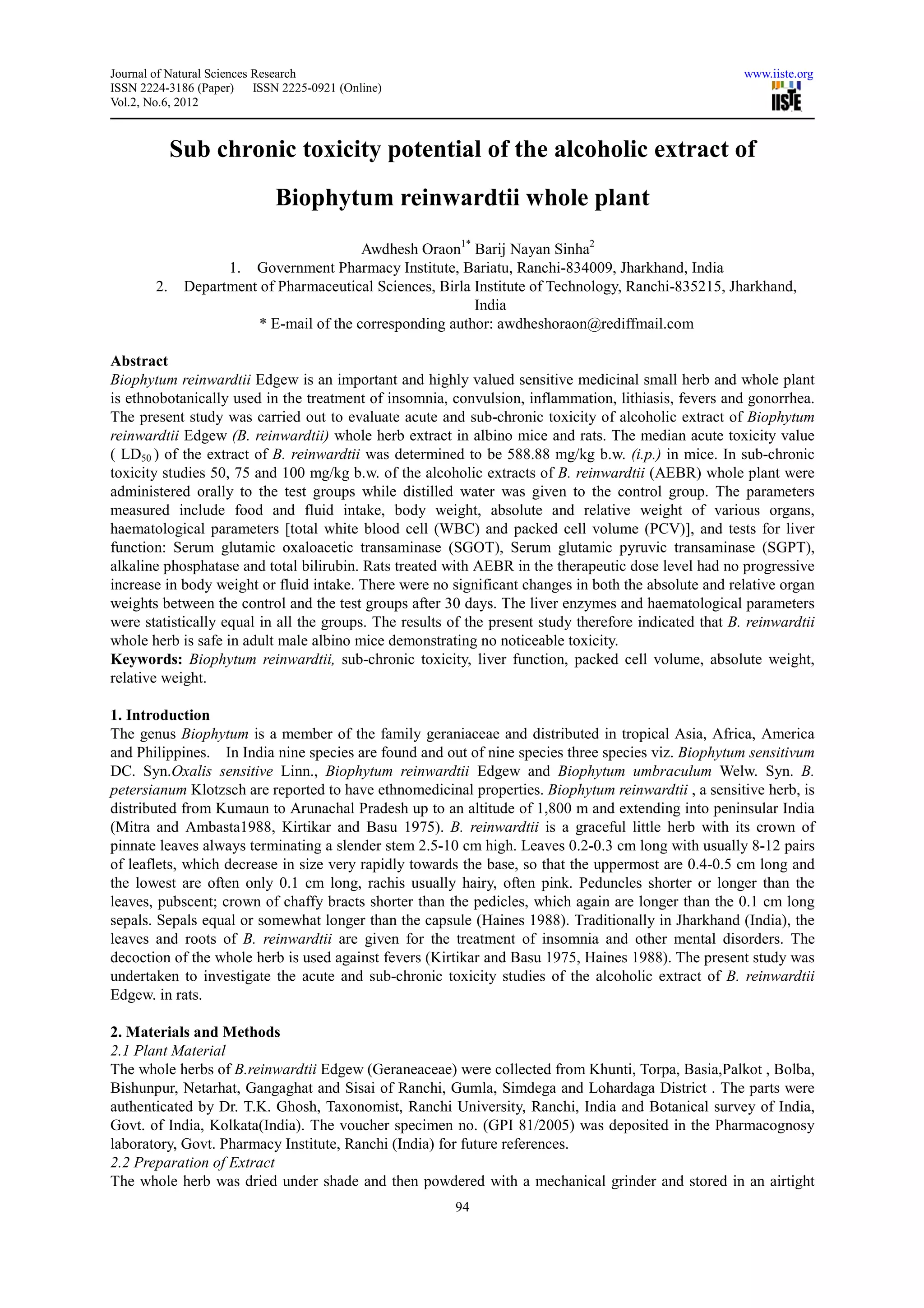Sub chronic toxicity potential of the alcoholic extract of biophytum ...