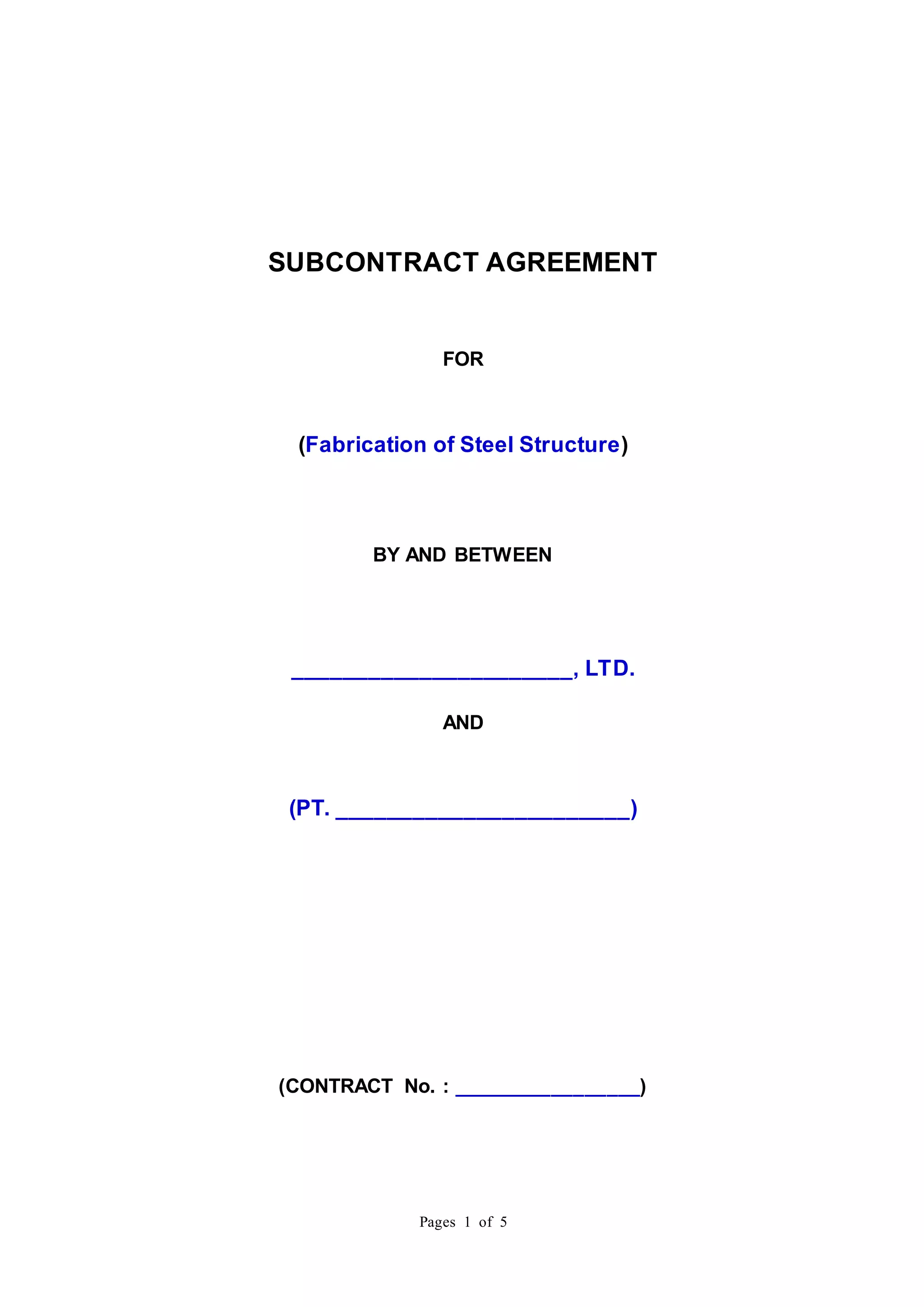 Subcontract Agreement for Fabrication of Steel Structure (Purchase this ...