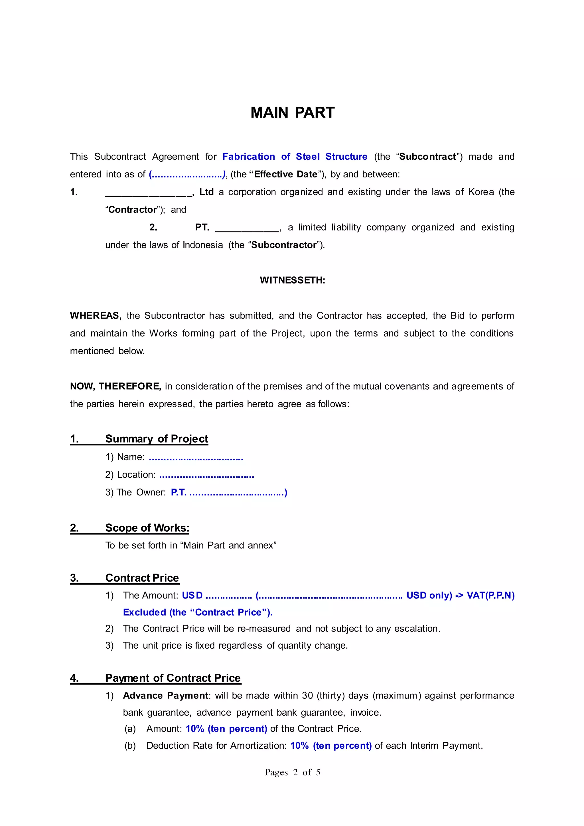 Subcontract Agreement for Fabrication of Steel Structure (Purchase this ...