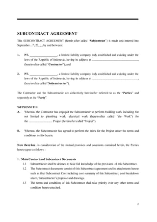 Subcontract Agreement to Perform Building Work (Purchase this doc, Text ...