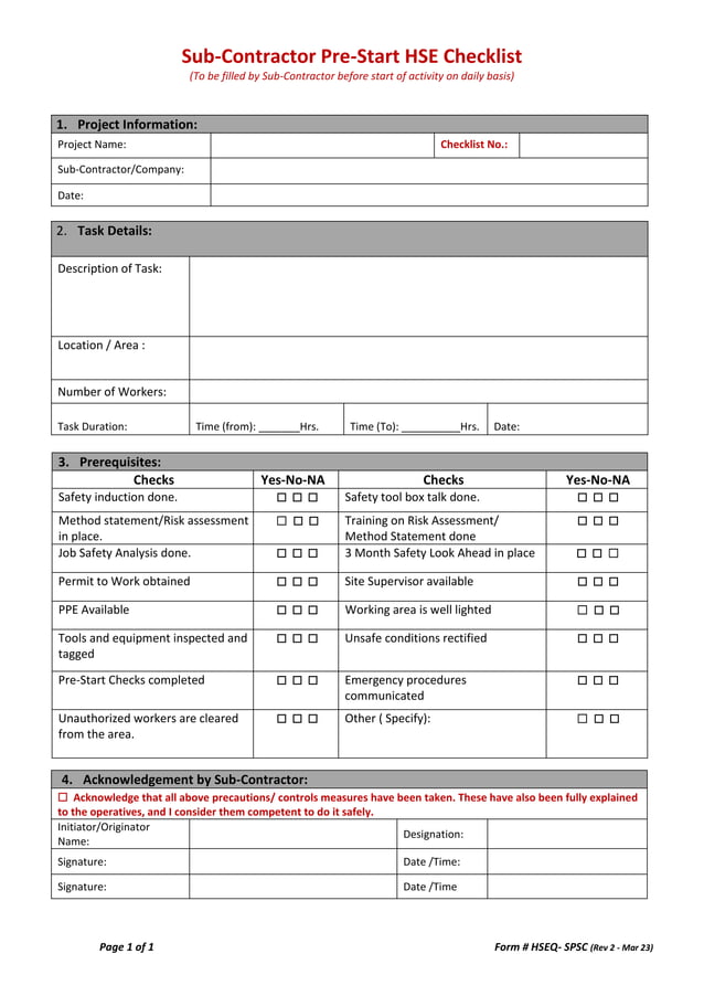 SUB CONTRACTORS HSE CHECKLIST Form # HSEQ - SPSC Rev 2 -.docx