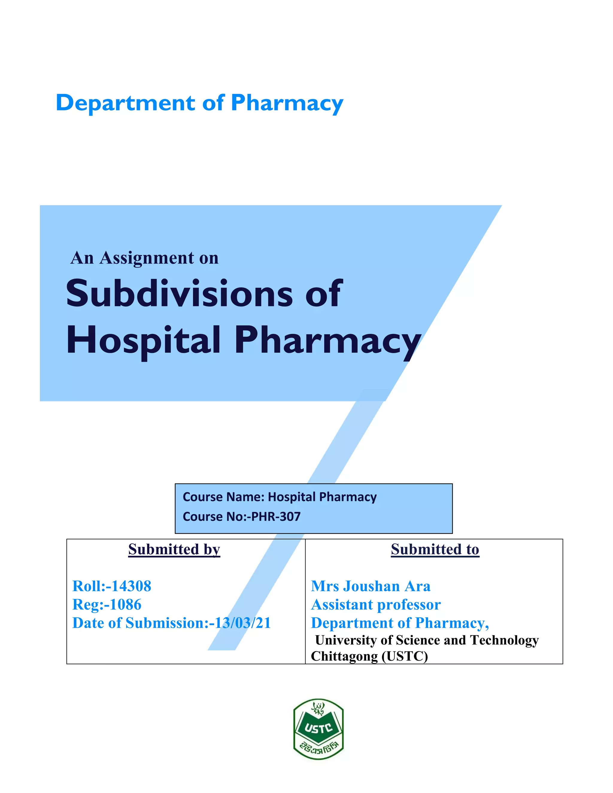 Sub divisions of hospital pharmacy | PDF