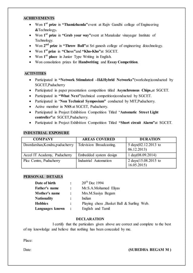 Subedha resume | PDF | Undergraduate Education | College Education