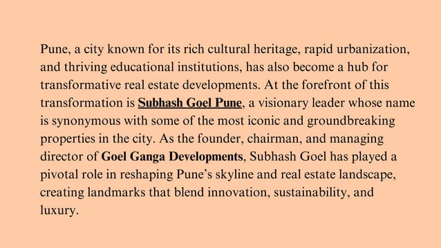 Subhash Goel Pune- The Mind Behind Pune’s Most Iconic Properties | PDF ...