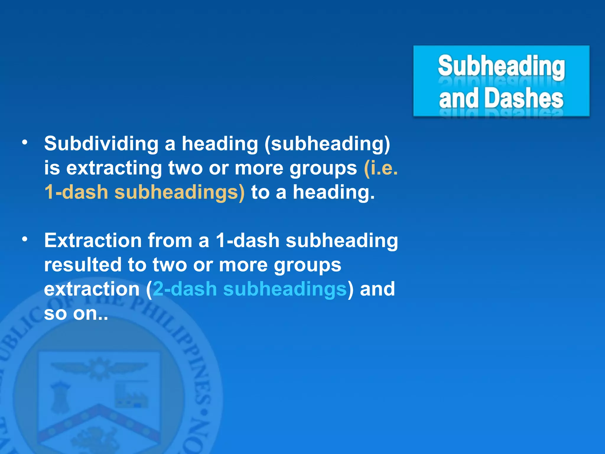 Subheading and dashes tariff classification | PPT