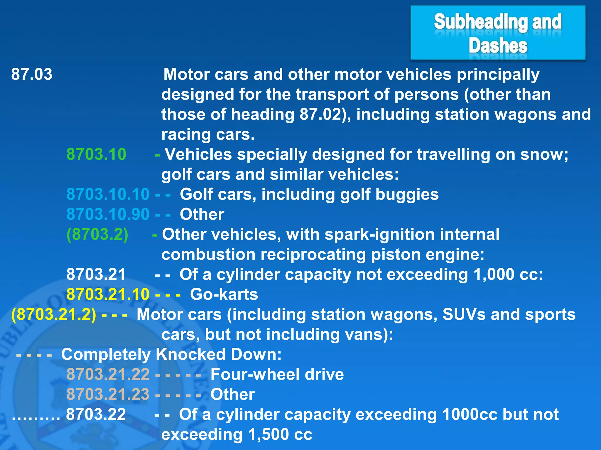 Subheading and dashes tariff classification | PPT