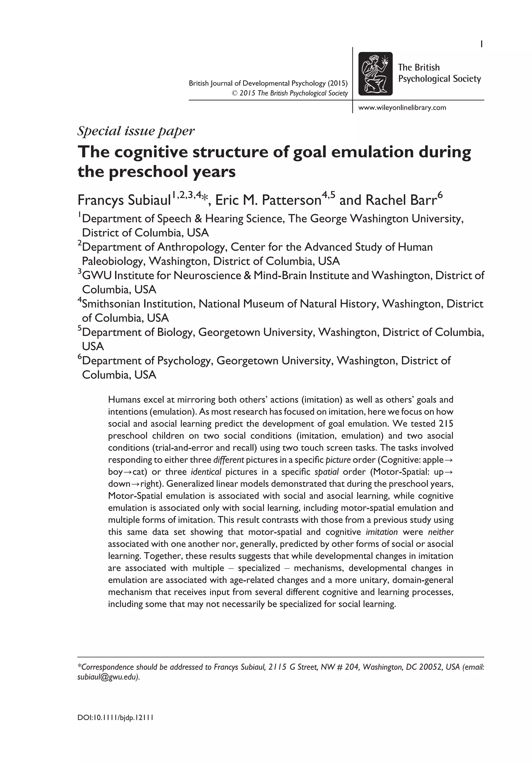The cognitive structure of goal emulation during the preschool years. | PDF
