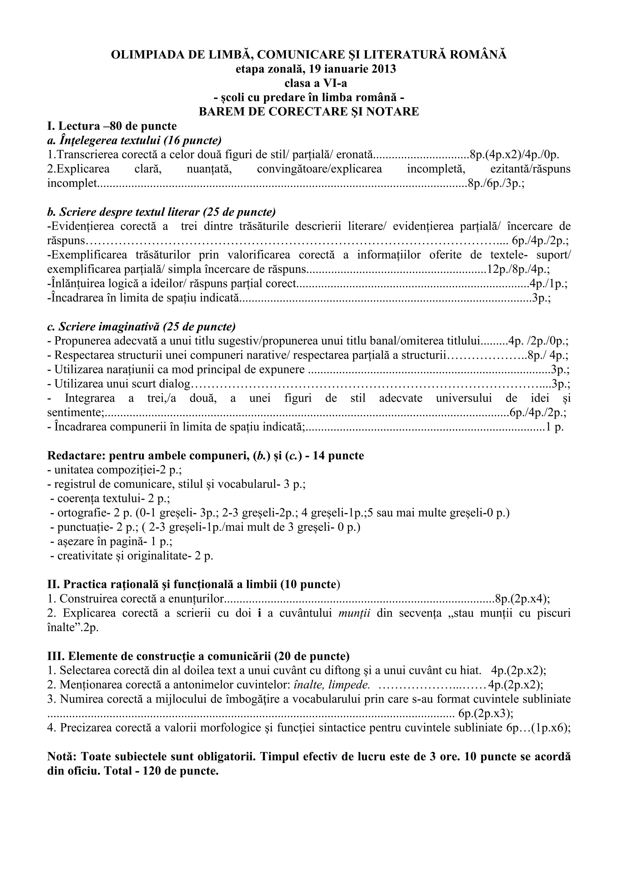 Subiect. barem. zonală, clasa a 6 a | DOC