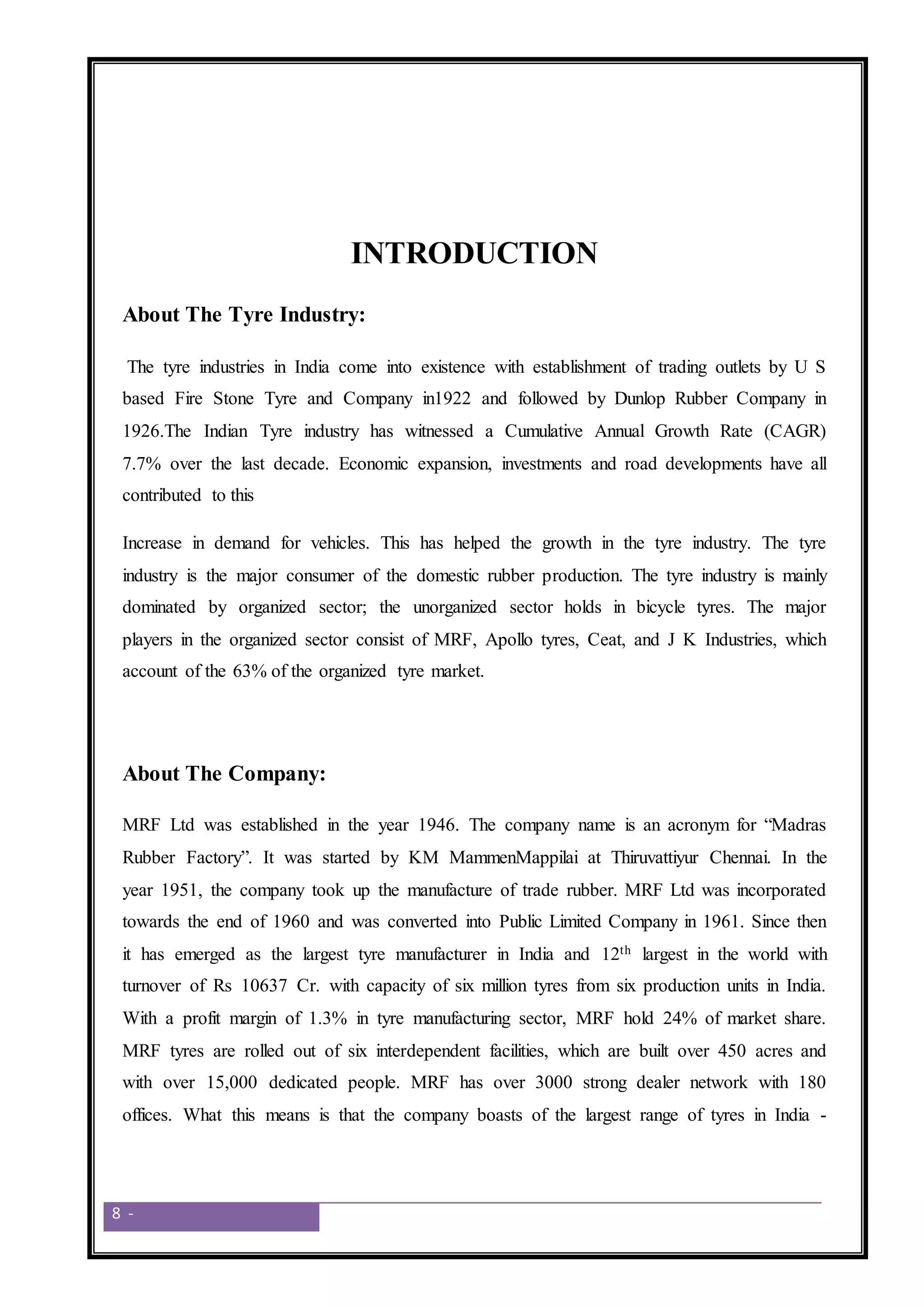 A REPORT ON ORGANIZATION STUDY AT MRF. LTD, KOTTAYAM by Subin surendran ...