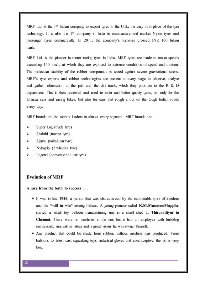 A REPORT ON ORGANIZATION STUDY AT MRF. LTD, KOTTAYAM by Subin surendran organisation study ...