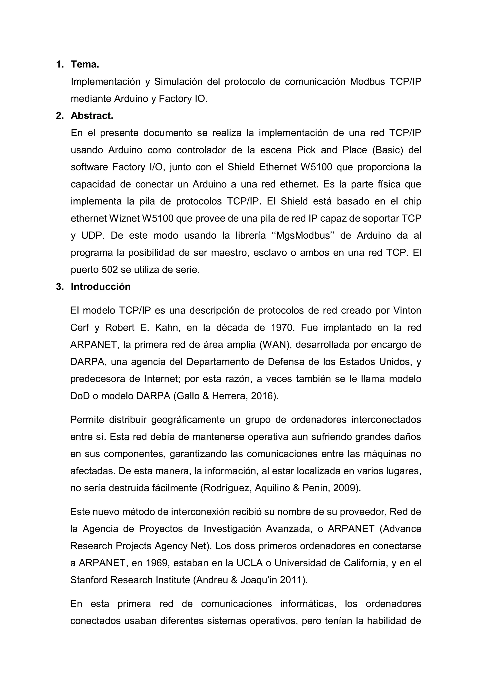 Protocolo de comunicación Modbus TCP/IP mediantearduino y factory IO | PDF