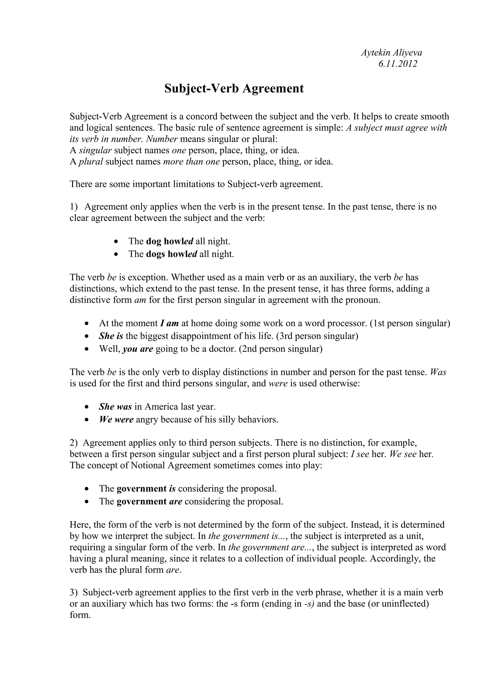 Subject verb agreement | DOC