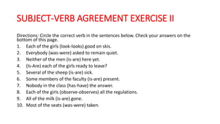 Subject verb agreement (Rules and Exercise with Answer Key) | PPTX