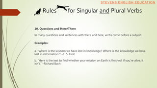 Subject verb agreement with explanations, examples and exercises | PPTX