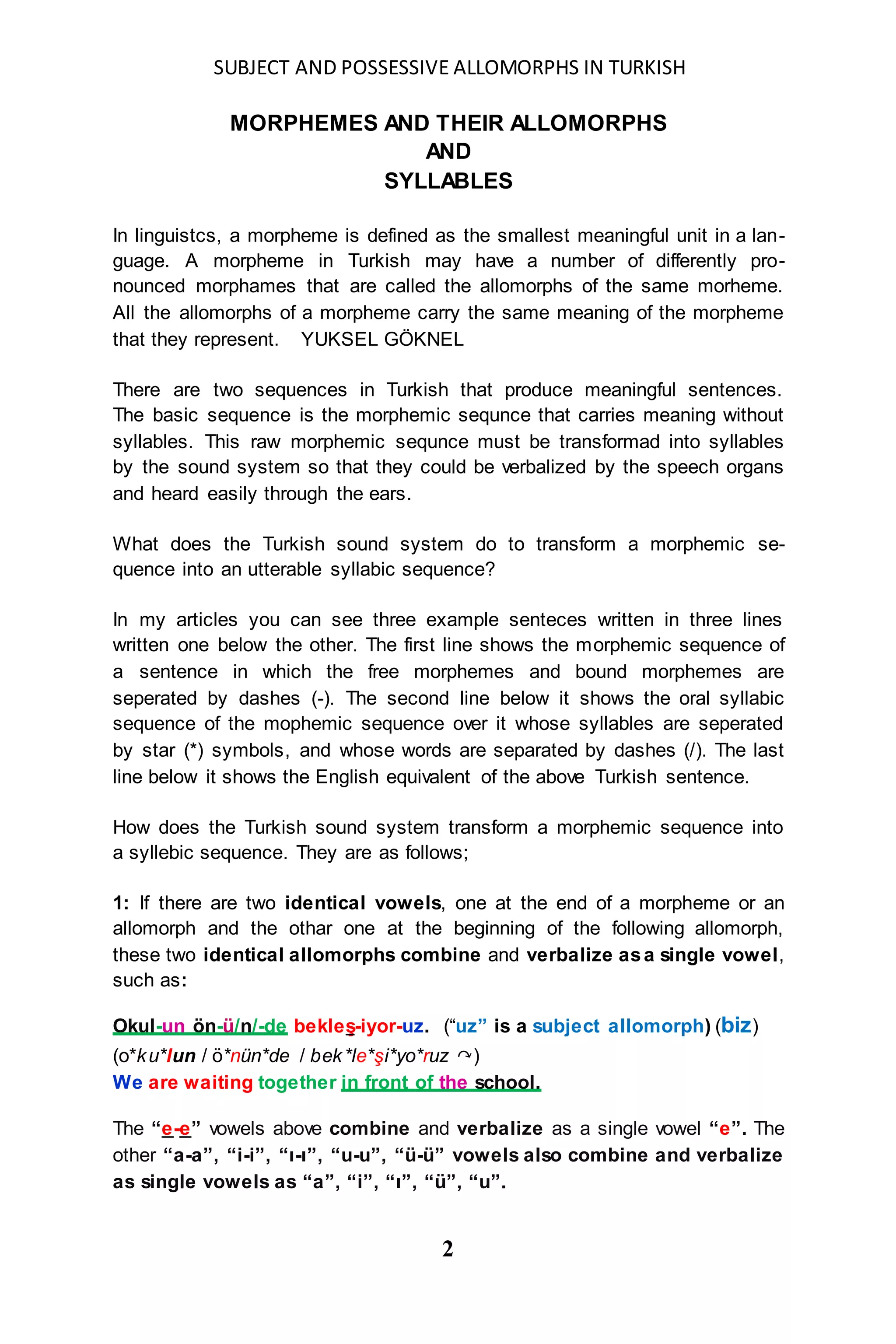 Subject allomorphs and possessive allomorphs in turkish yuksel goknel ...