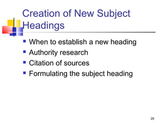 Subject analysis, shelflisting, filing rules, subject authority control ...