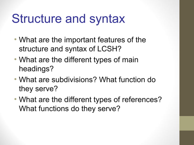 Subject analysis, structure and syntax of lcsh | PPT