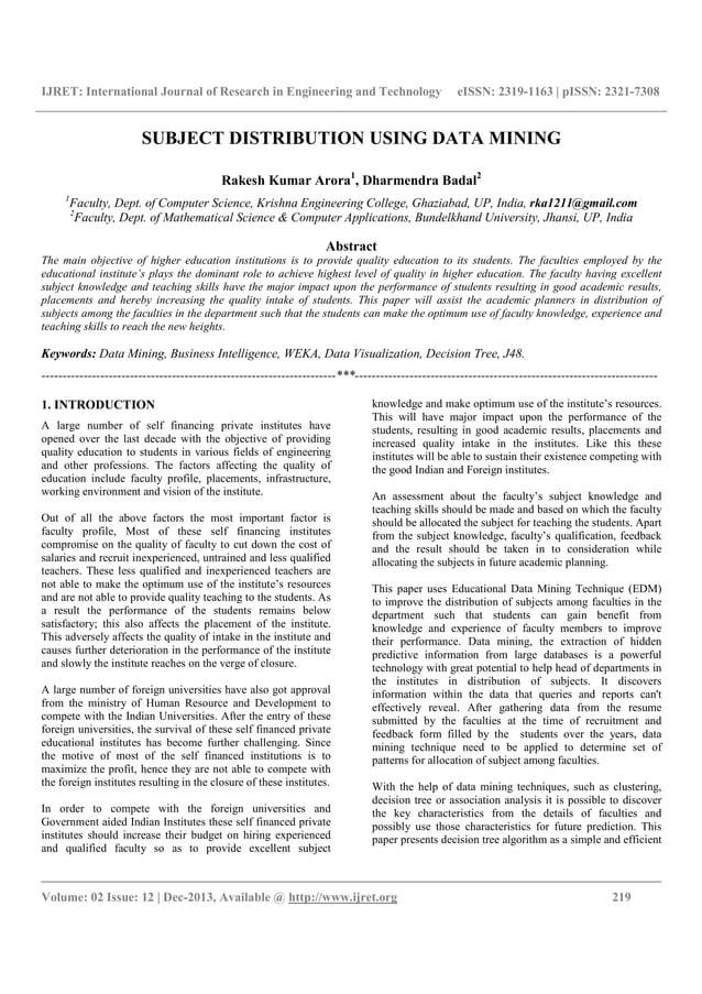 Subject Distribution Using Data Mining Pdf