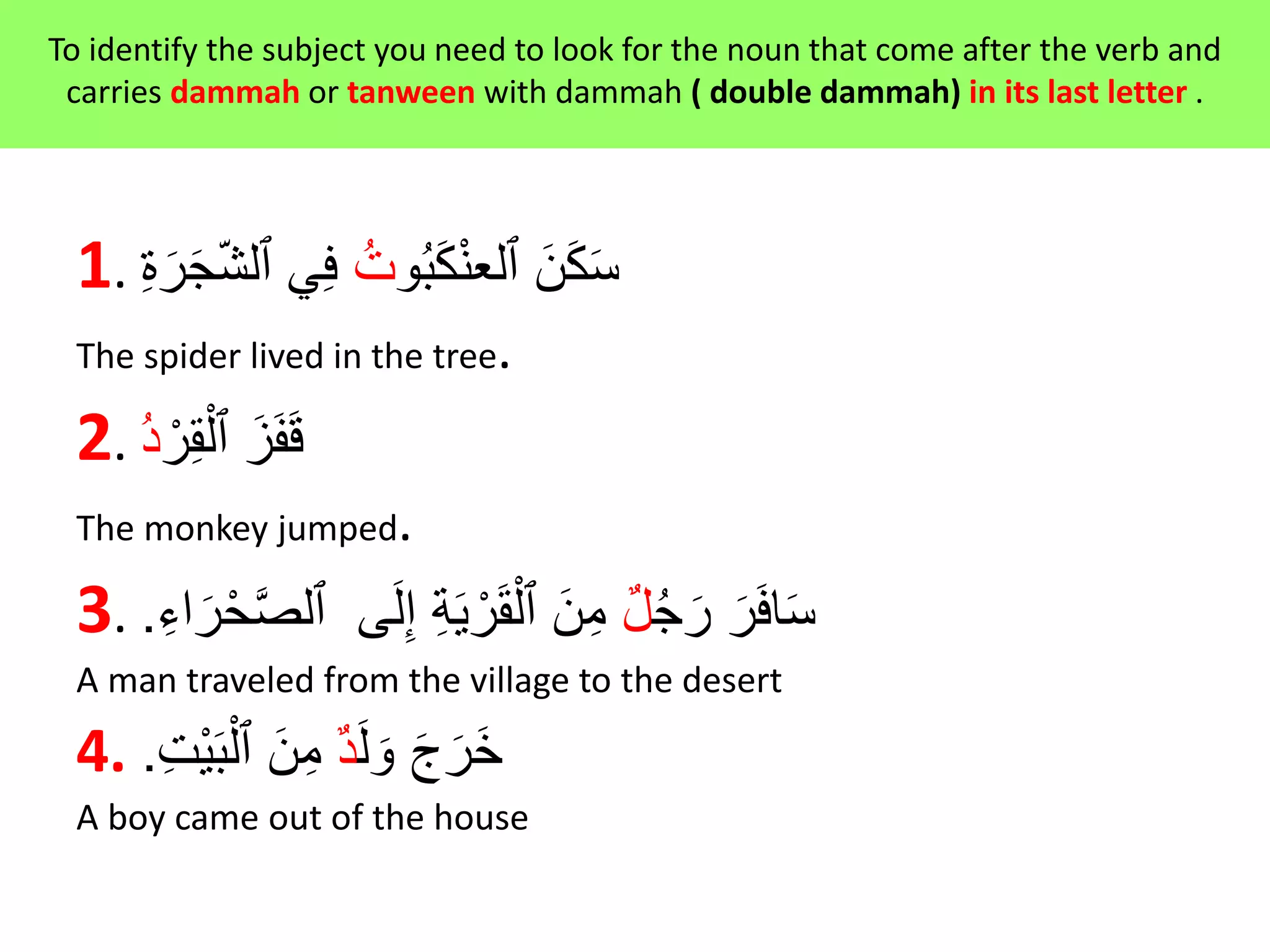 Arabic grammar: How to identify The ٱلْفاعِلُ (the subject) in a ...