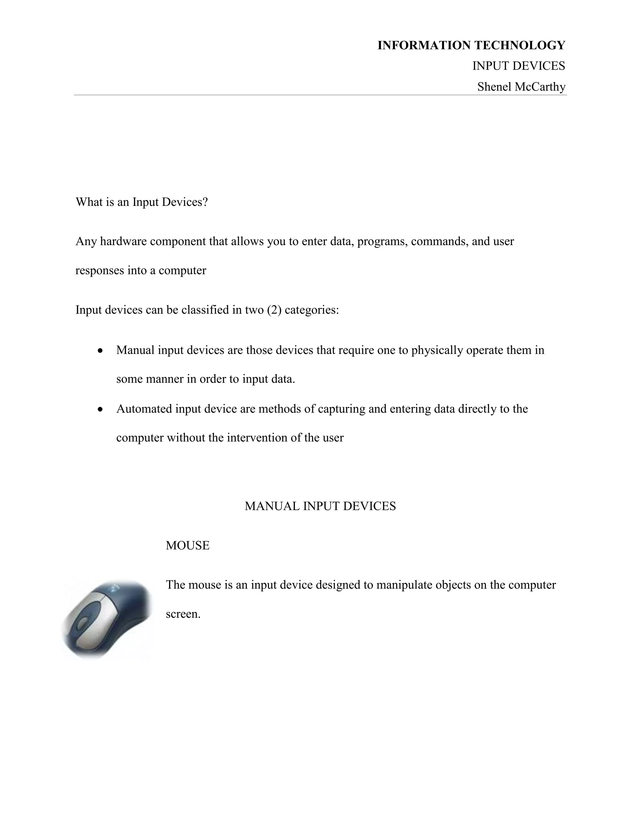 Input Devices | DOCX | Computer Peripherals | Computing