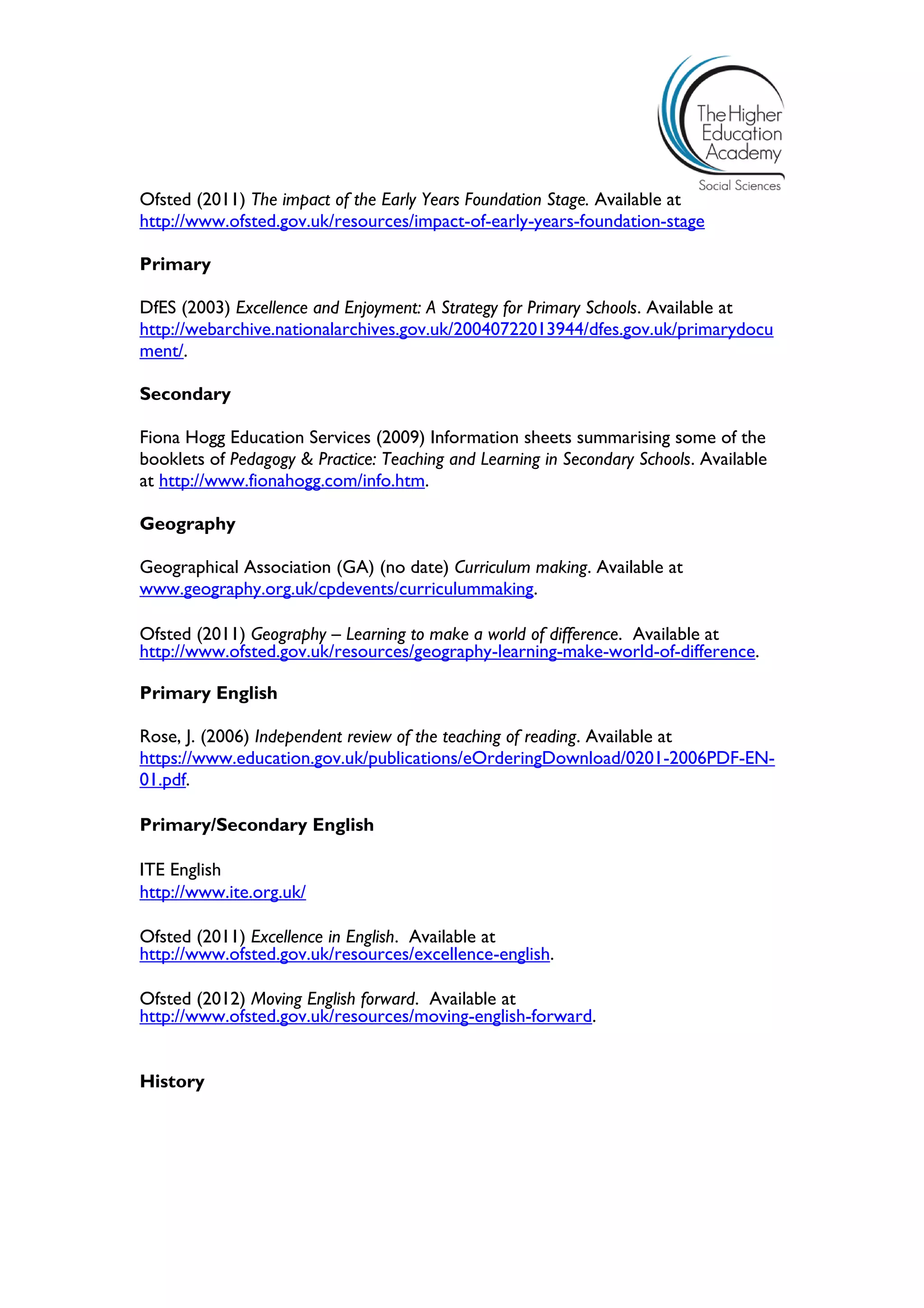 Subject Knowledge and Pedagogy Initial Teacher Education Resource List ...