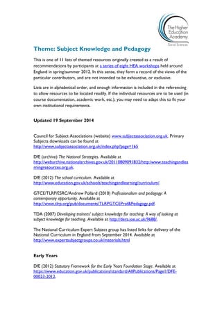 Subject Knowledge and Pedagogy Initial Teacher Education Resource List ...
