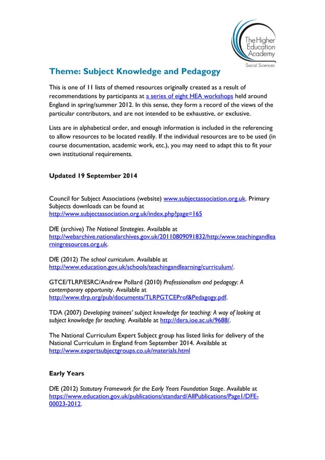 Subject Knowledge and Pedagogy Initial Teacher Education Resource List ...