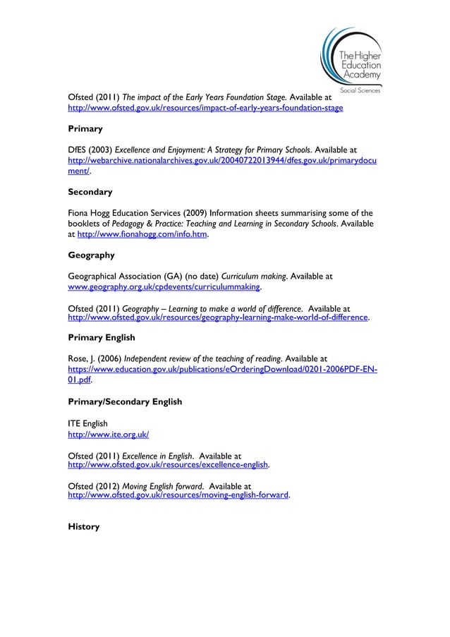 Subject Knowledge and Pedagogy Initial Teacher Education Resource List ...