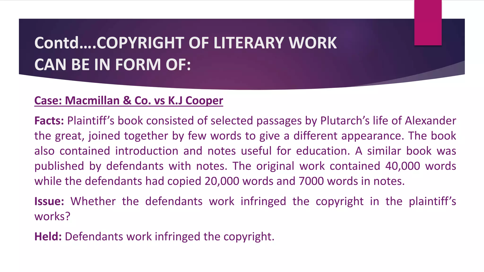 Subject matter of Copyright (Case Laws) | PPTX