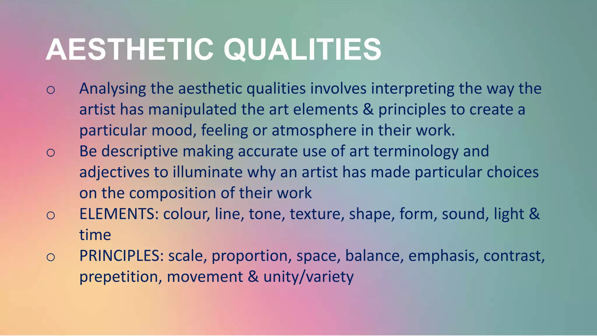 STUDIO ART: Subject matter, style & aesthetic qualities | PPTX