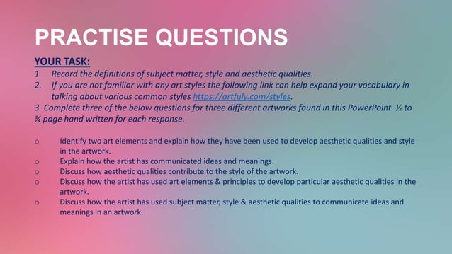 STUDIO ART: Subject matter, style & aesthetic qualities | PPT