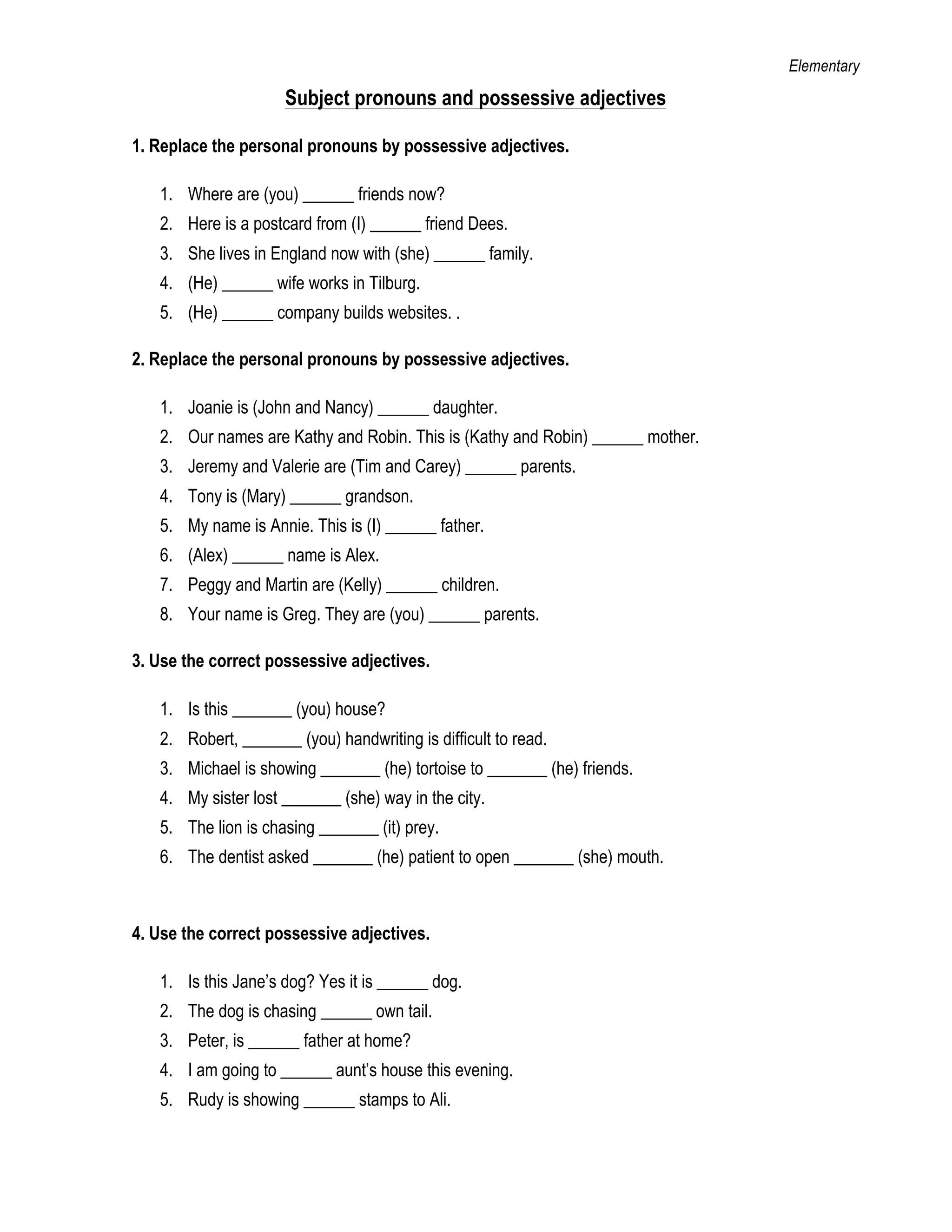 Subject pronouns and possessive adjectives A1-A2 | PDF