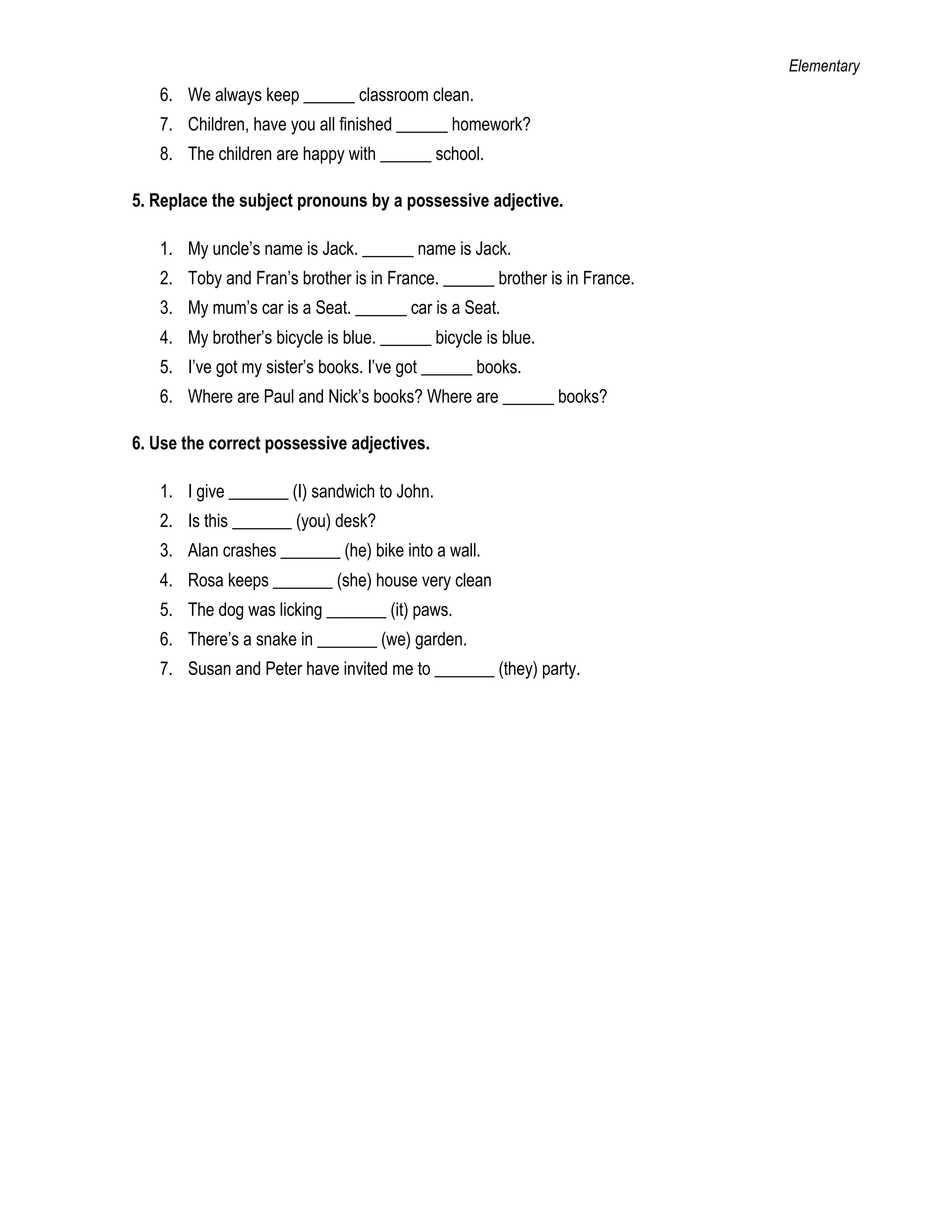 Subject pronouns and possessive adjectives A1-A2 | PDF