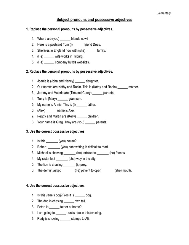 Subject pronouns and possessive adjectives A1-A2 | PDF