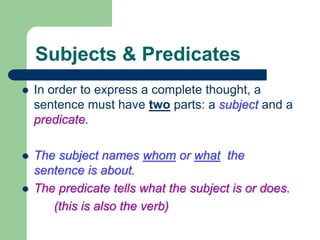 Subjects and Predicates Grammar PowerPoint | PPT