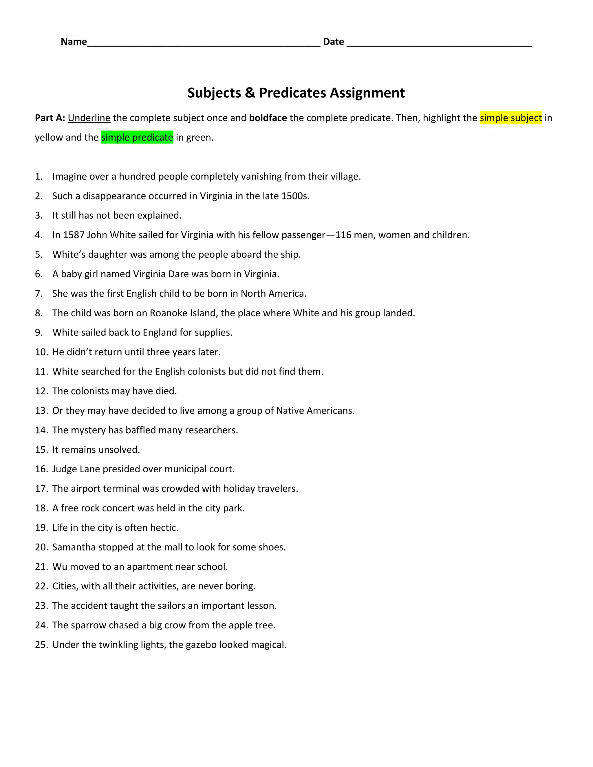 Subjects and predicates assign | DOCX | Homework and Study | Education