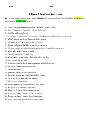 Subjects and predicates assign | DOCX | Homework and Study | Education