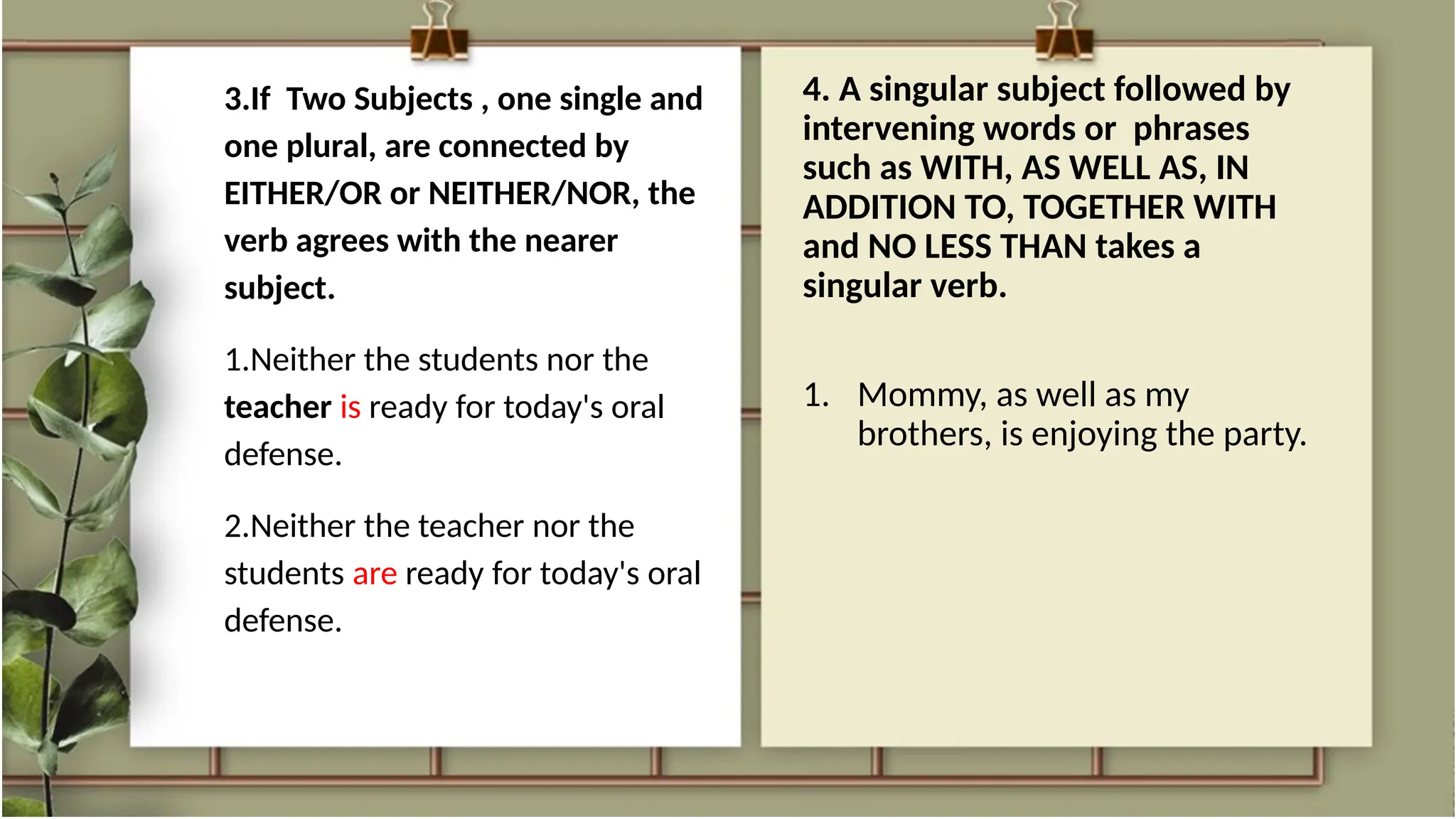 SUBJECT-VERB AGREEMENTS singular, plural | PPTX