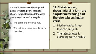 SUBJECT-VERB AGREEMENTS singular, plural | PPTX